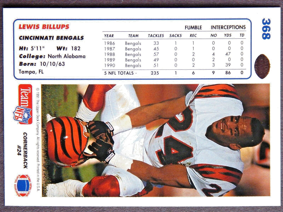 Lewis Billups #368 Upper Deck 1991 Football Card (Cincinnati Bengals ...