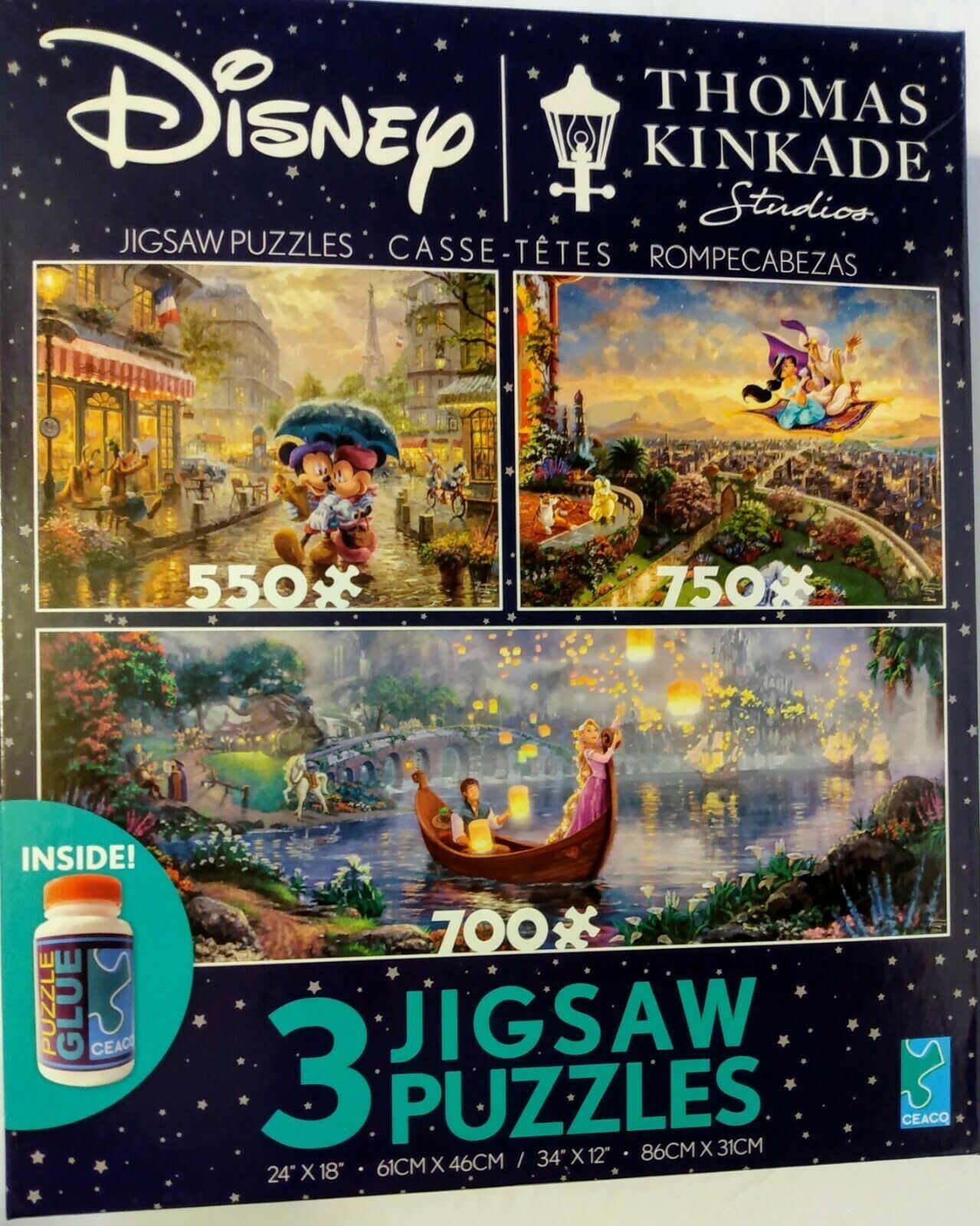 Disney Thomas Kinkade Puzzle 3 Pack Glue Aladdin Mickey Minnie Rapunzel ...