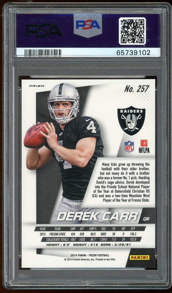 2014 Panini Prizm Derek Carr Silver PSA 9 Mint Rookie Card RC Oakland ...