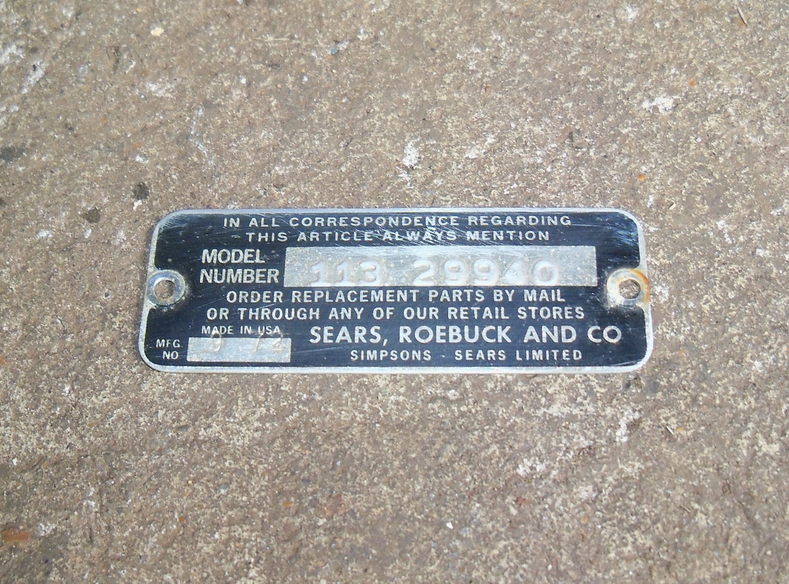 Craftsman 113 Table Saw Serial ID Badge Emblem, Name Tag Plate, 113. ...