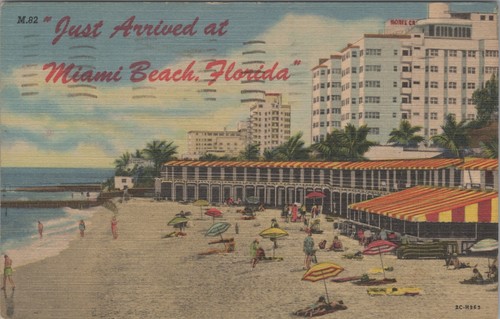 Just Arrived at Miami Beach Florida beach scene c1940 linen postcard ...