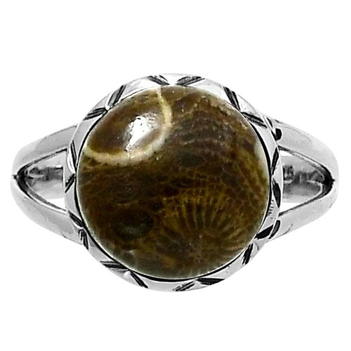Premium Quality Flower Fossil Coral 925 Sterling Silver Ring s.7 ...