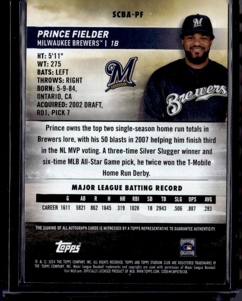 2024 Stadium Club Prince Fielder Autographs Milwaukee Brewers Rookie ...