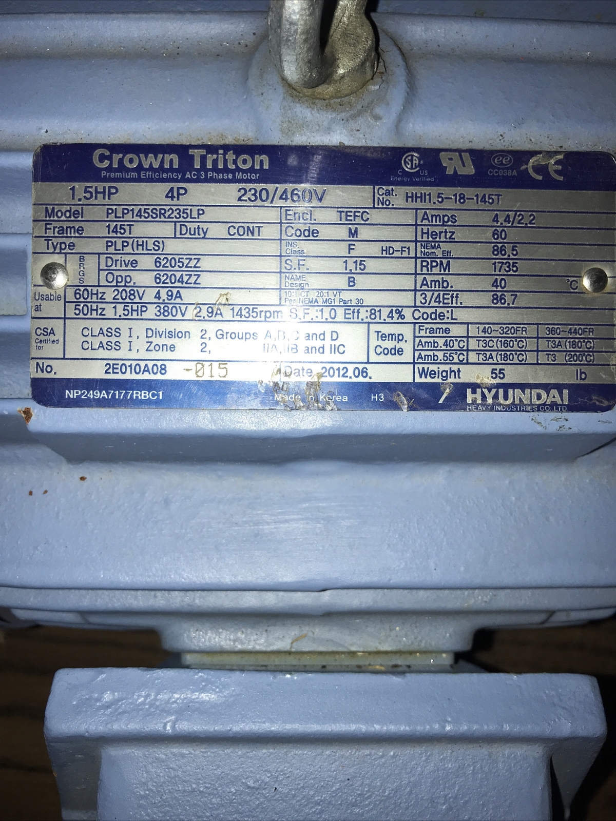 Hyundai Crown Triton 1.5 HP AC Motor PLP145SR235LP HHI1.5-18-145T | eBay