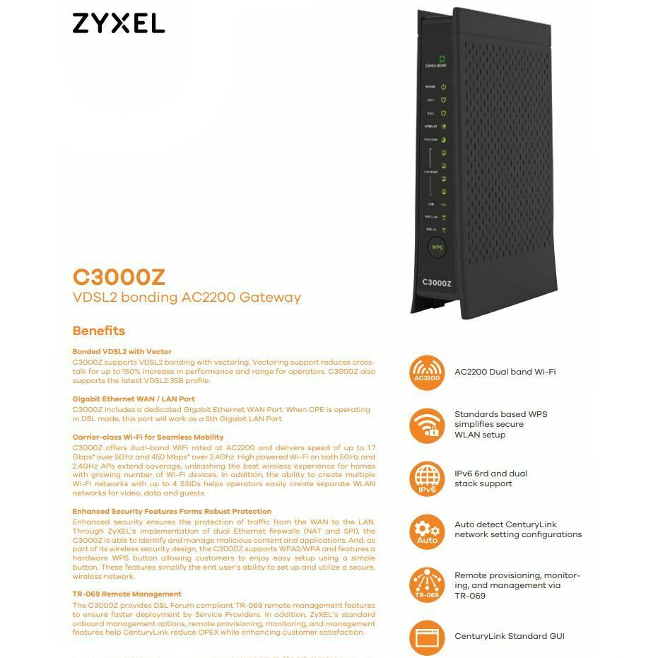 CenturyLink C3000Z AC2200 DSL Fiber Bonding Gateway Wireless Modem WiFi ...