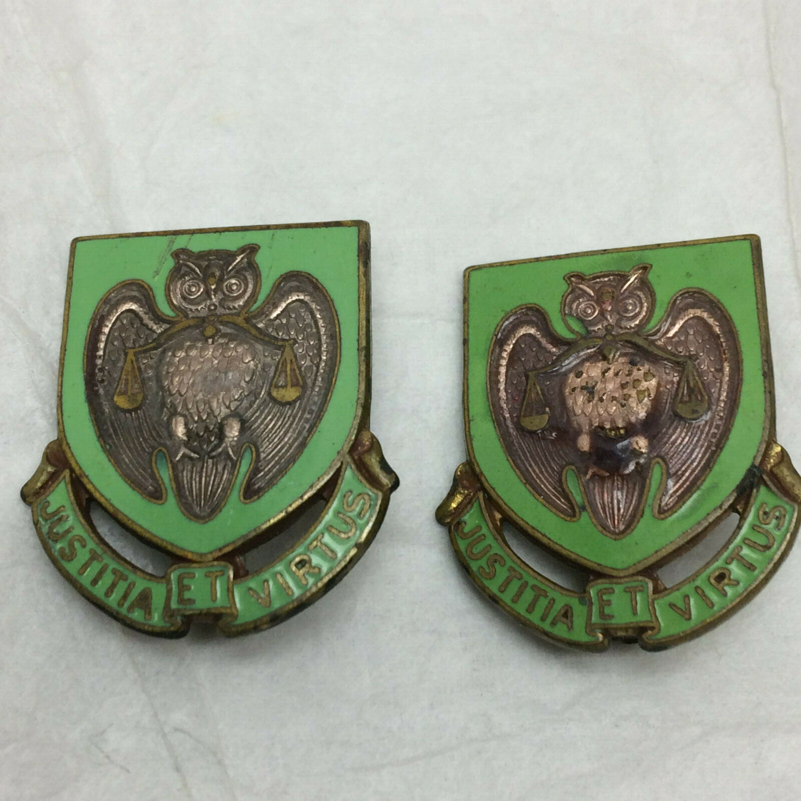 2 Vintage Enamel Pins Justitia ET Virtus Owls Military Police | eBay