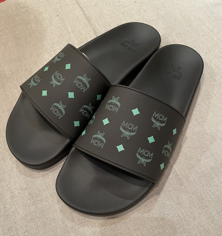 MCM Slides Men’s Black/Green Monogram Print Rubber Slides Shoes US 10 ...