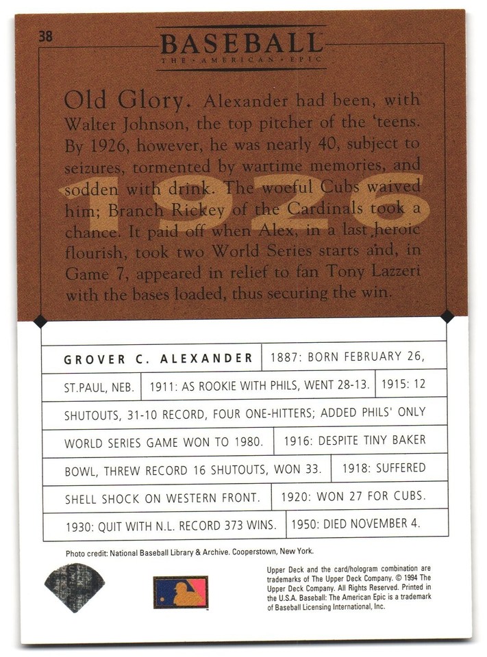 Grover C. Alexander 1994 Upperdeck Baseball American Epic Trading Card ...