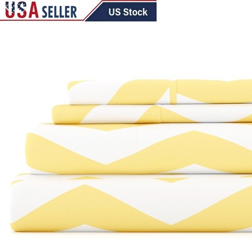 4 Piece Pattern Microfiber Bed Sheets Set, Yellow | eBay