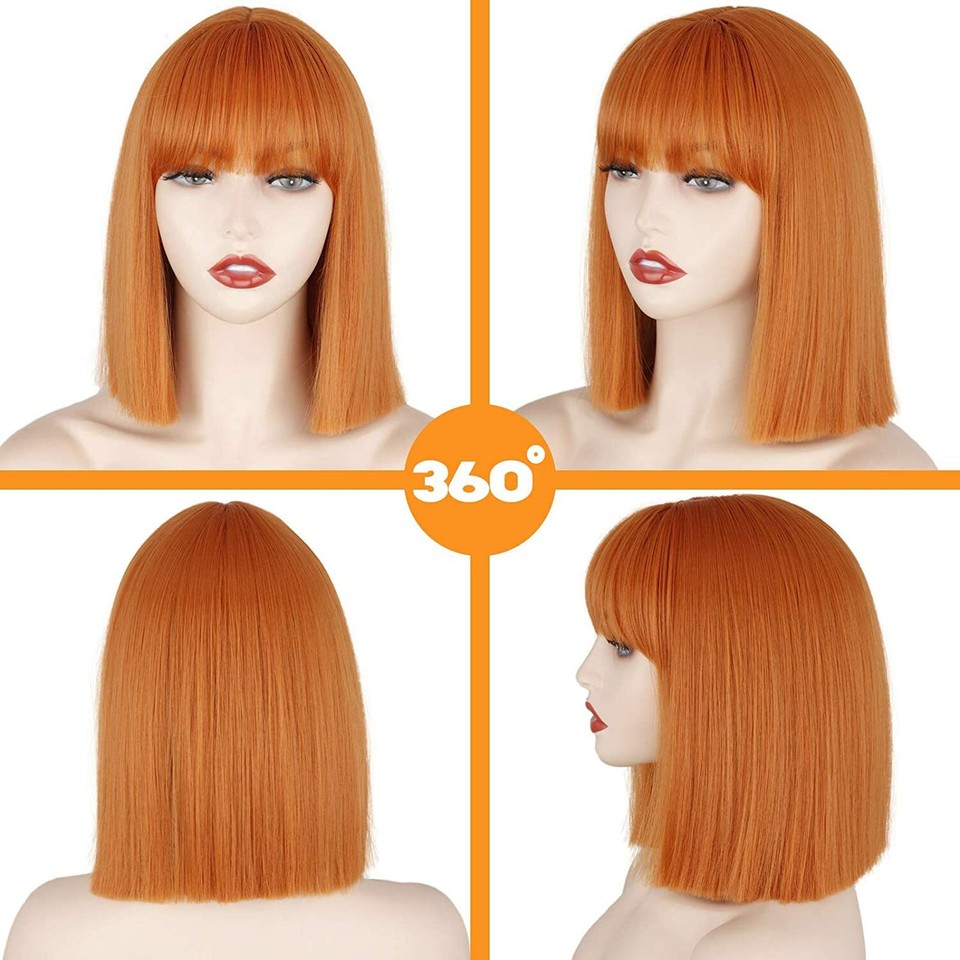 Orange Bob Wigs with Bangs Fashion Orange Wigs Short Straight Synthetic ...