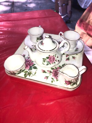 Vtg Sheltonian Miniature Bone China Tea Set Pink rose Floral Tray With ...