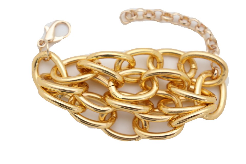 Women Gold Metal Chain Links 4 Strands Wrist Bracelet Punk Rocker Biker ...