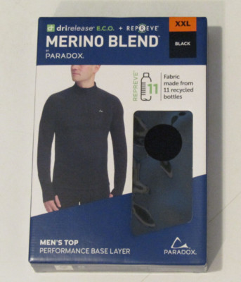 NWT Mens PARADOX MERINO BLEND Black Base Layer 1/4 Zip Top Jacket Size ...