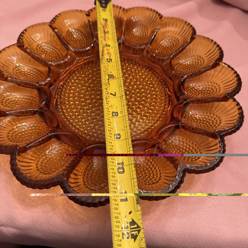 Vintage MCM Amber Indiana Glass 11" Deviled Egg Plate Serving Hobnail ...