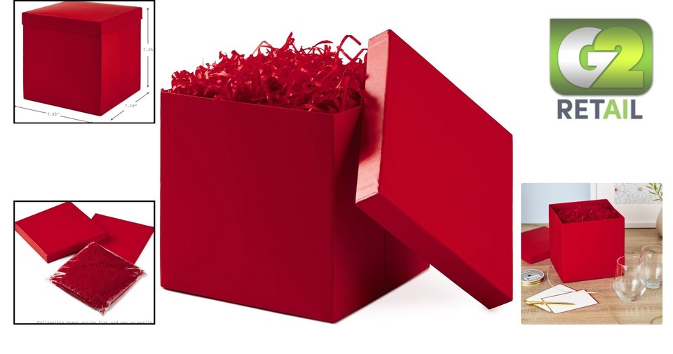 Collapsible Red Gift Box with Lid & Shredded Paper Fill - Great for Any ...