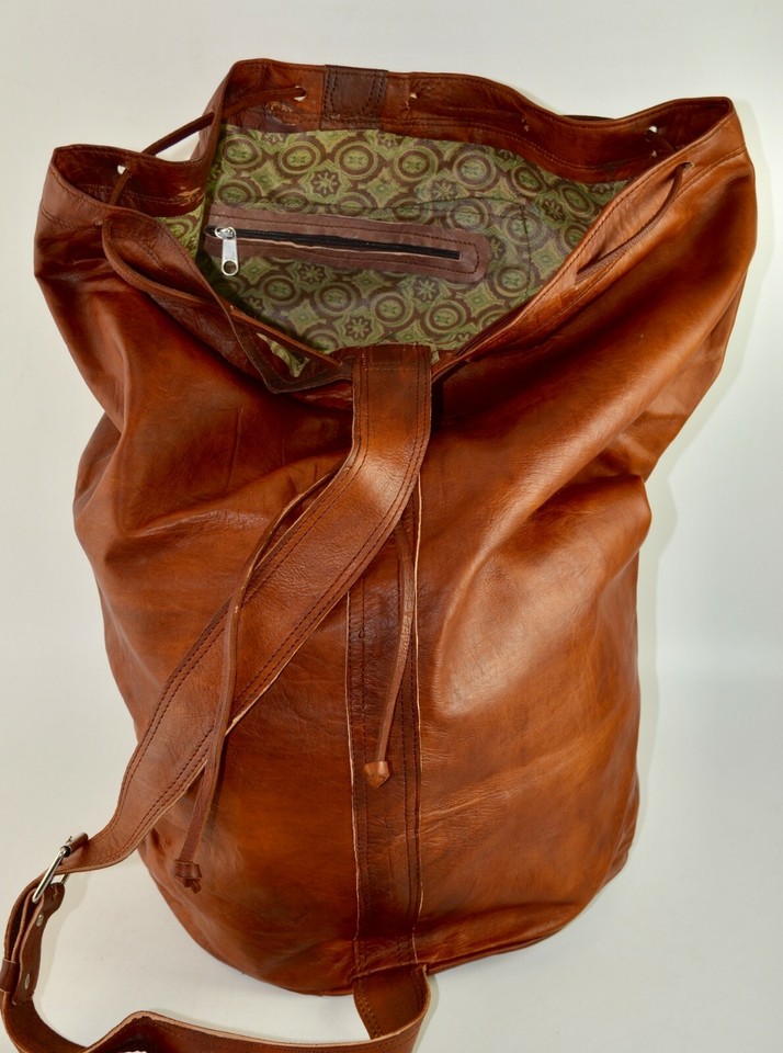 Organic Leather Drawstring Bucket Duffel Bag Backpack Rucksack Moroccan ...