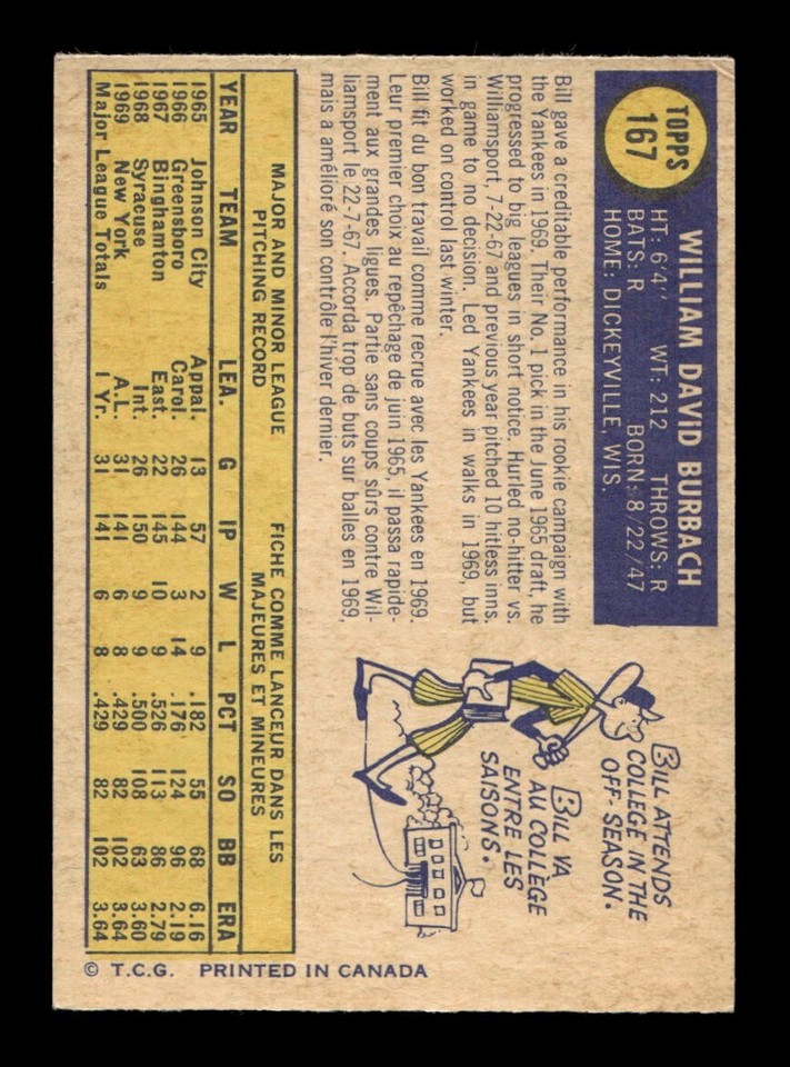 1970 O Pee Chee OPC #167 Bill Burbach Yankees EX *7j | eBay