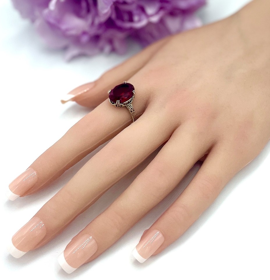 ANTIQUE DESIGN DEEP RED SOLITAIRE 925 STERLING SILVER SIMULATED RUBY ...