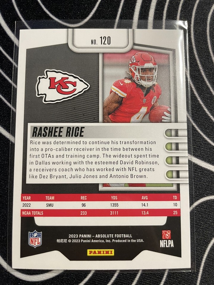 Rashee Rice Rookie RC 2023 Panini Absolute Football Card #120 Kansas ...