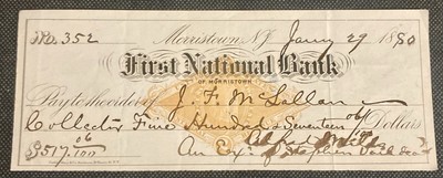 Morristown, NJ First National Bank 1880 Check Executor Account of ...