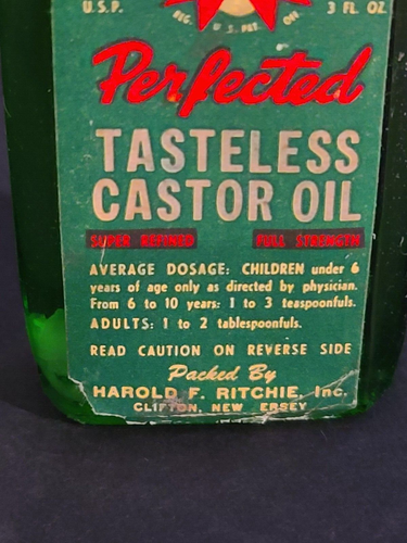 VTG Kelloggs Perfected Tasteless Castor Oil 2 oz Green Glass Bottle ...