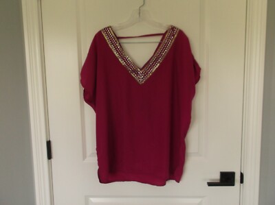 NWT Chances R womens XL short sleeve v-neck blouse pink w silver & gold ...