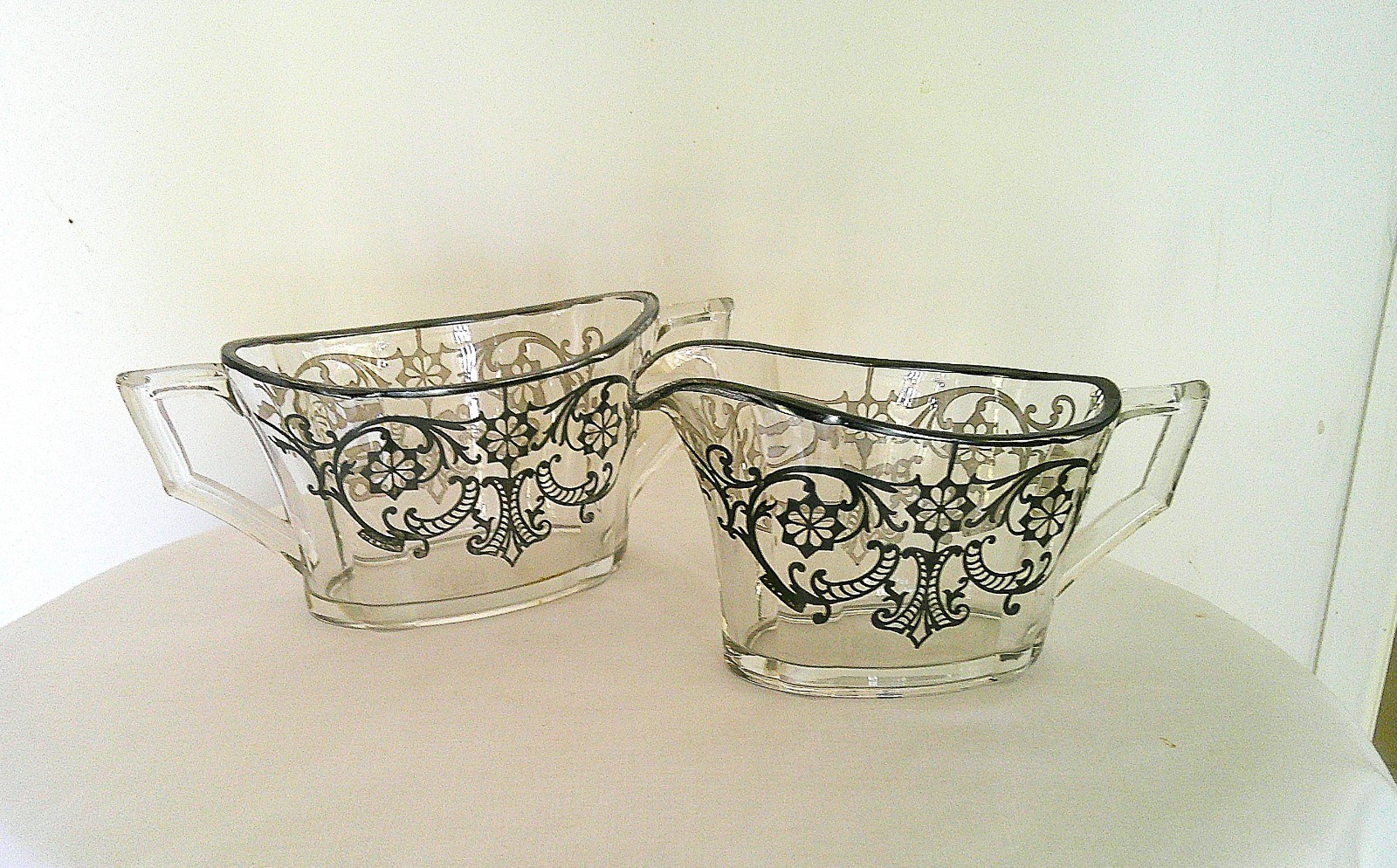 Vintage Crystal Oval Shape Creamer & Sugar w/ Silver Overlay and Trim ...