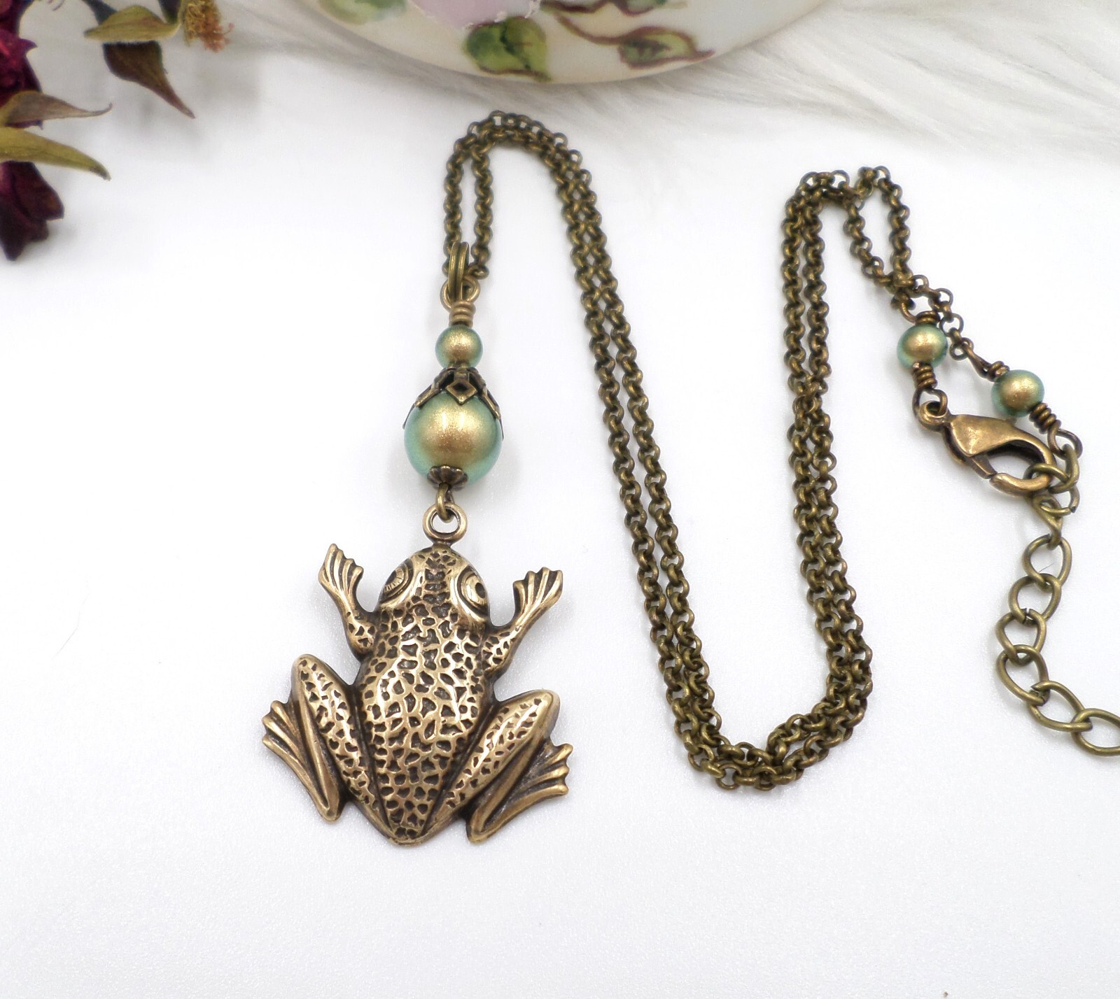 Antiqued Brass Frog Necklace, Toad Jewelry, Cottagecore Gift Girlfriend ...