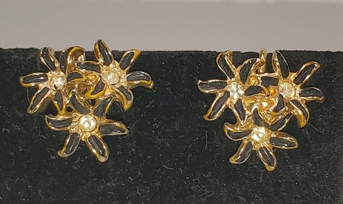Vintage Flower Trio Cluster Earrings Screw Back Rhinestone Black Enamel ...