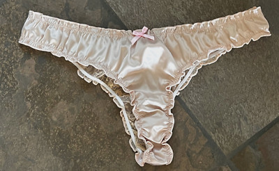 124 Vanilla Cream 6/M Silky SATIN Front w Lace Back Tanga Cheeky Panty ...