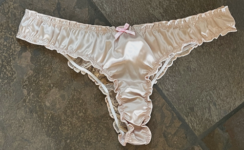 124 Vanilla Cream 6/M Silky SATIN Front w Lace Back Tanga Cheeky Panty ...