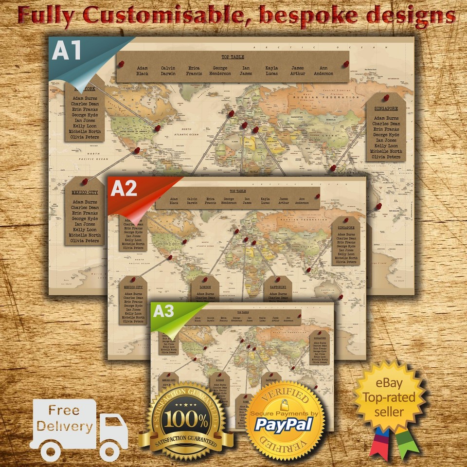 Personalised Travel World Map Wedding Table Plan / Seating Plan Large ...