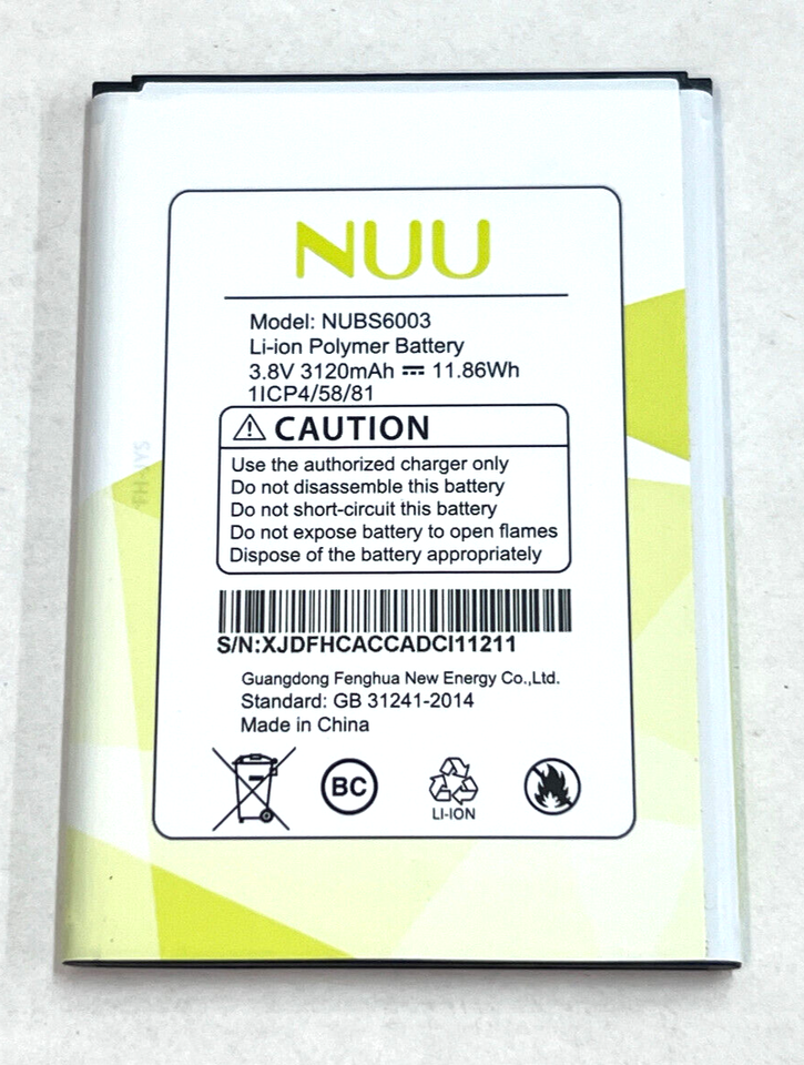 NUU X6 PLUS Li-Ion Cell Phone Battery MODEL NUBS6003 3.8V 3120mAh OEM ...