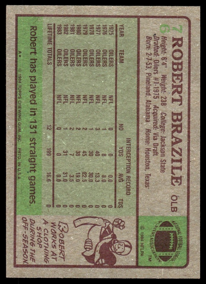 1984 TOPPS ROBERT BRAZILE HOUSTON OILERS #76 | eBay