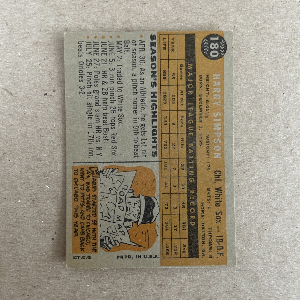 1960 Topps Baseball Harry Simpson Chicago White Sox Card #180 | eBay