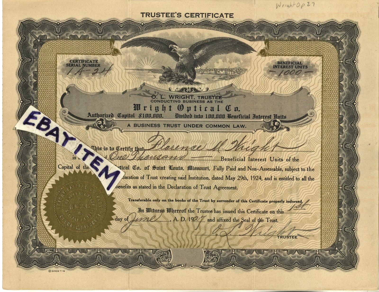 1927 stock certificate O. L. FLORENCE WRIGHT OPTICAL … - Gem