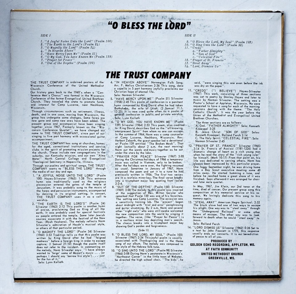 The Trust Company LP O Bless the Lord - Unknown 60's Wisconsin Xian ...
