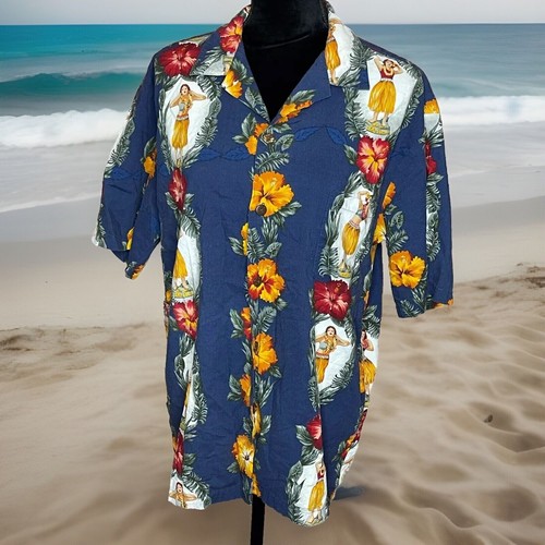 Vintage HILO HATTIE Men's L Hawaiian Floral Shirt Hula Girl Cotton ...