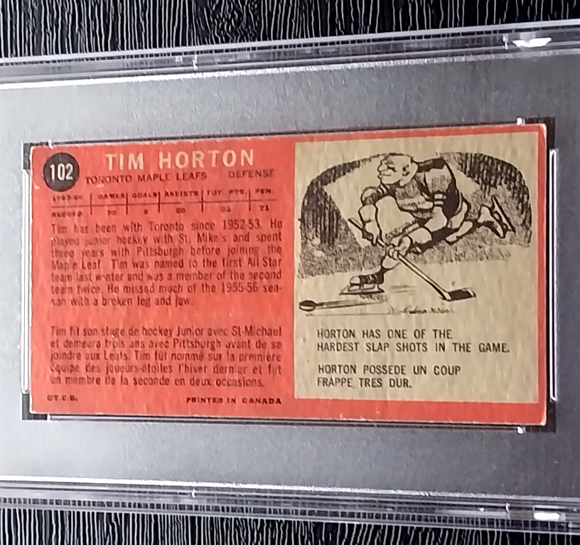 1964 TOPPS TIM HORTON HOCKEY CARD #102 **NO CREASES** **GREAT CARD ...