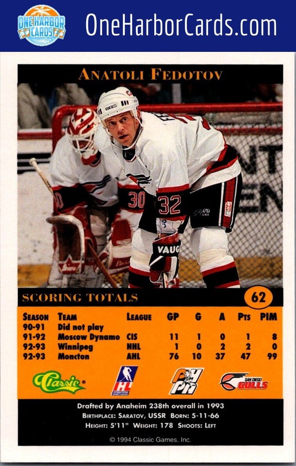 1994 Classic Pro Prospects San Diego Gulls Hockey Card #62 Anatoli ...