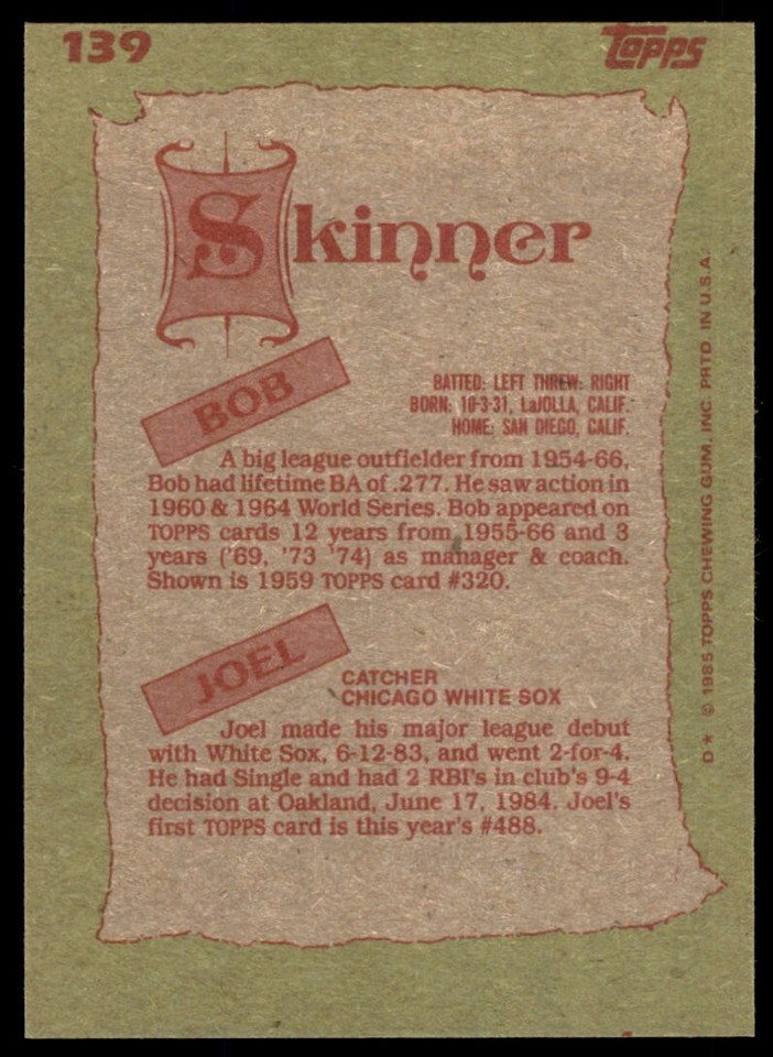 1985 Topps Bob Skinner/Joel Skinner Baseball Cards #139 | eBay