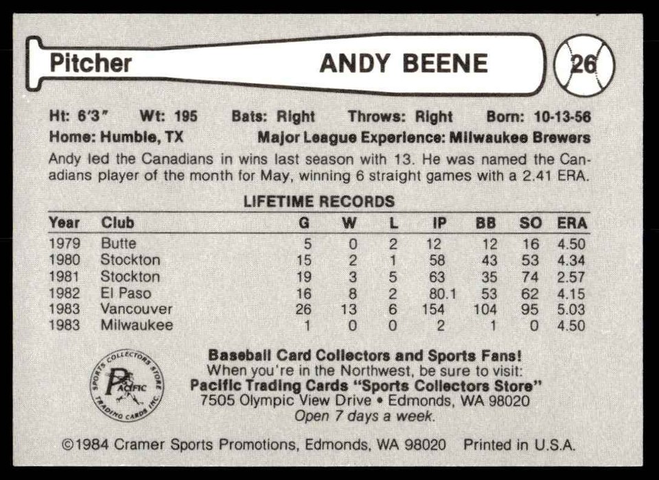 1984 Cramer Vancouver Canadians Andy Beene Vancouver Canadians #26 | eBay