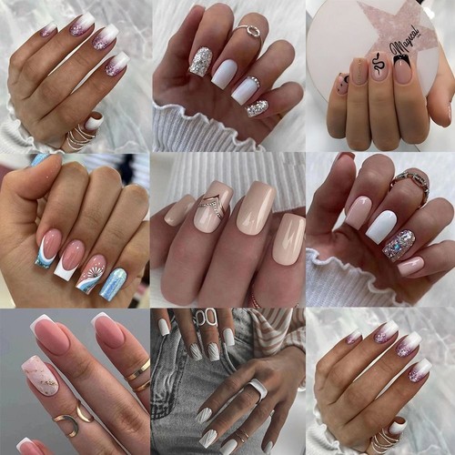 Fake Nials Short Square French White Edge Simple Black Triangle False ...