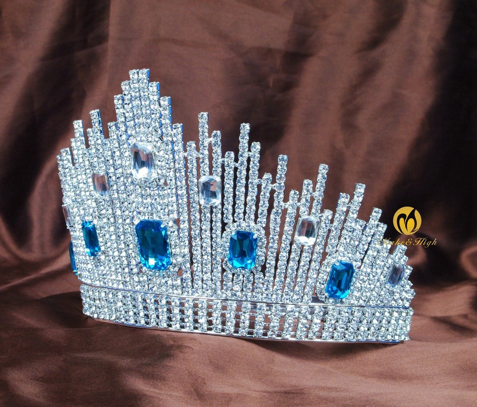 Blue Crystal Miss Pageant Tiara Large Crown Clear Rhinestone Wedding ...