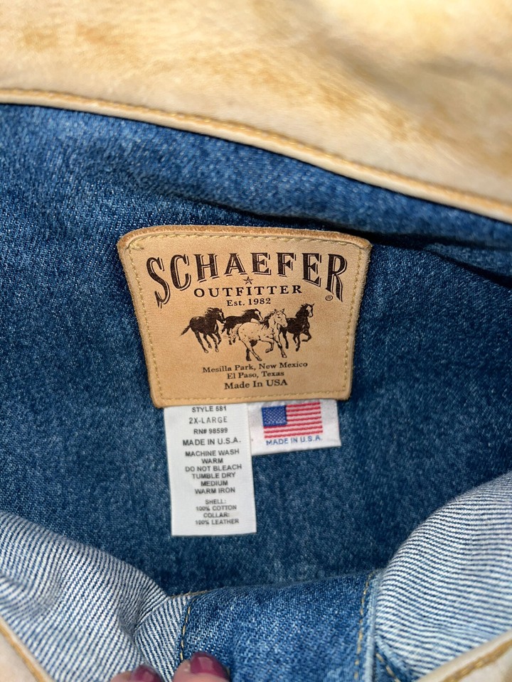 Vintage Schaefer Outfitters Denim Jacket Leather Collar 2XL Made In USA ...