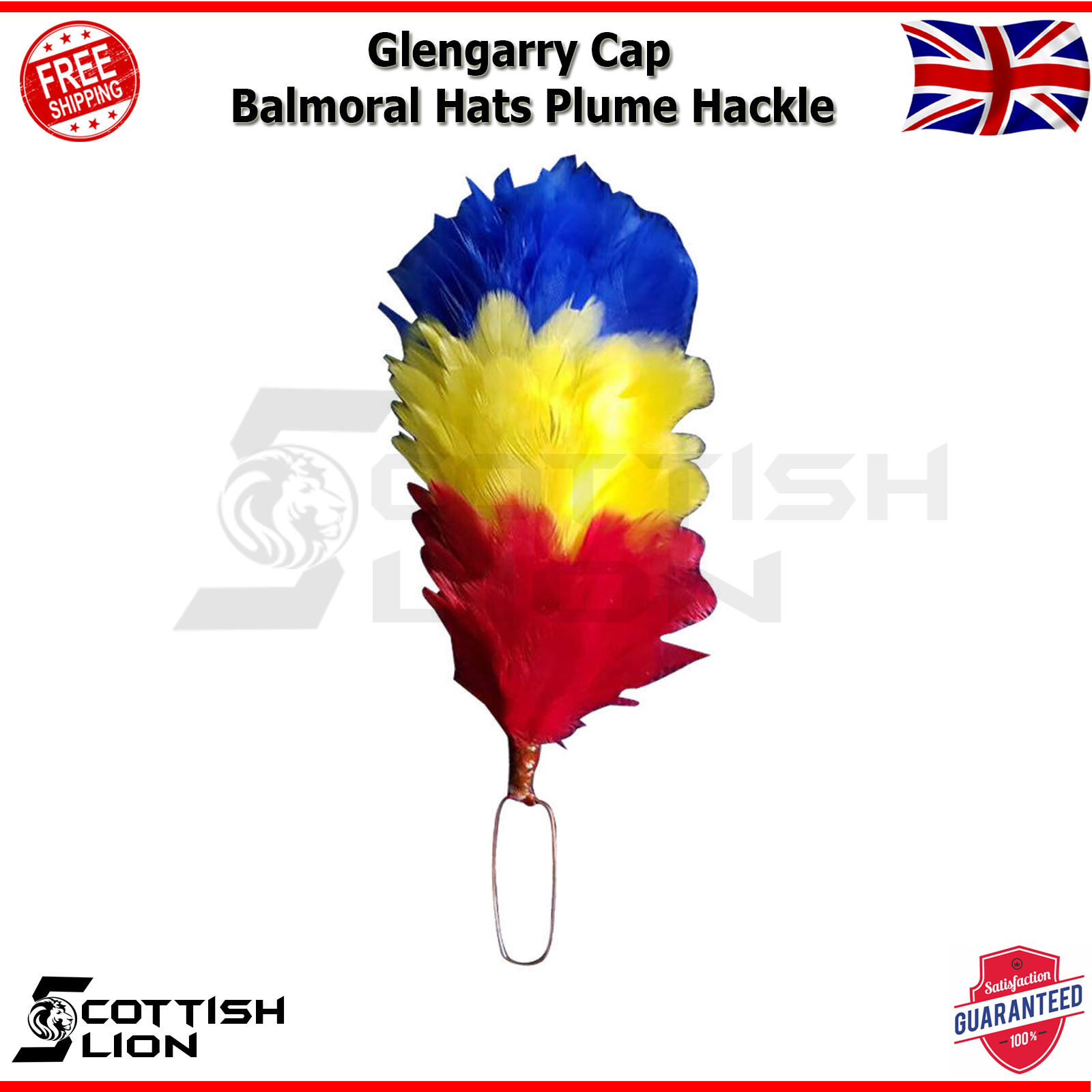Scottish Balmoral Bonnet Hat Cap Plume Hackle Feather Blue, Yellow, Red ...
