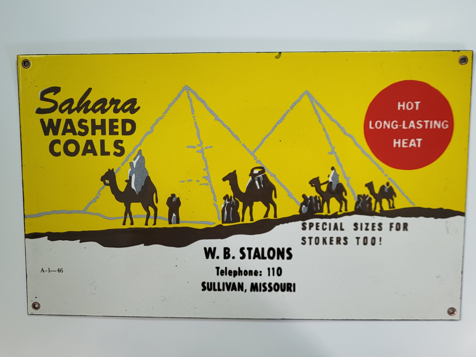 SAHARA WASHED COALS SULLIVAN MISSOURI PORCELAIN COAL RAILROAD SIGN 20 ...