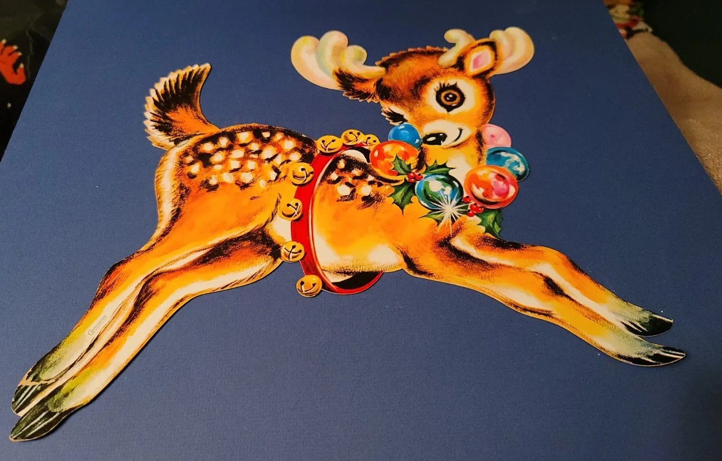 Vtg Christmas CARRINGTON Reindeer Jingle Bells Holly Collar Die Cut ...