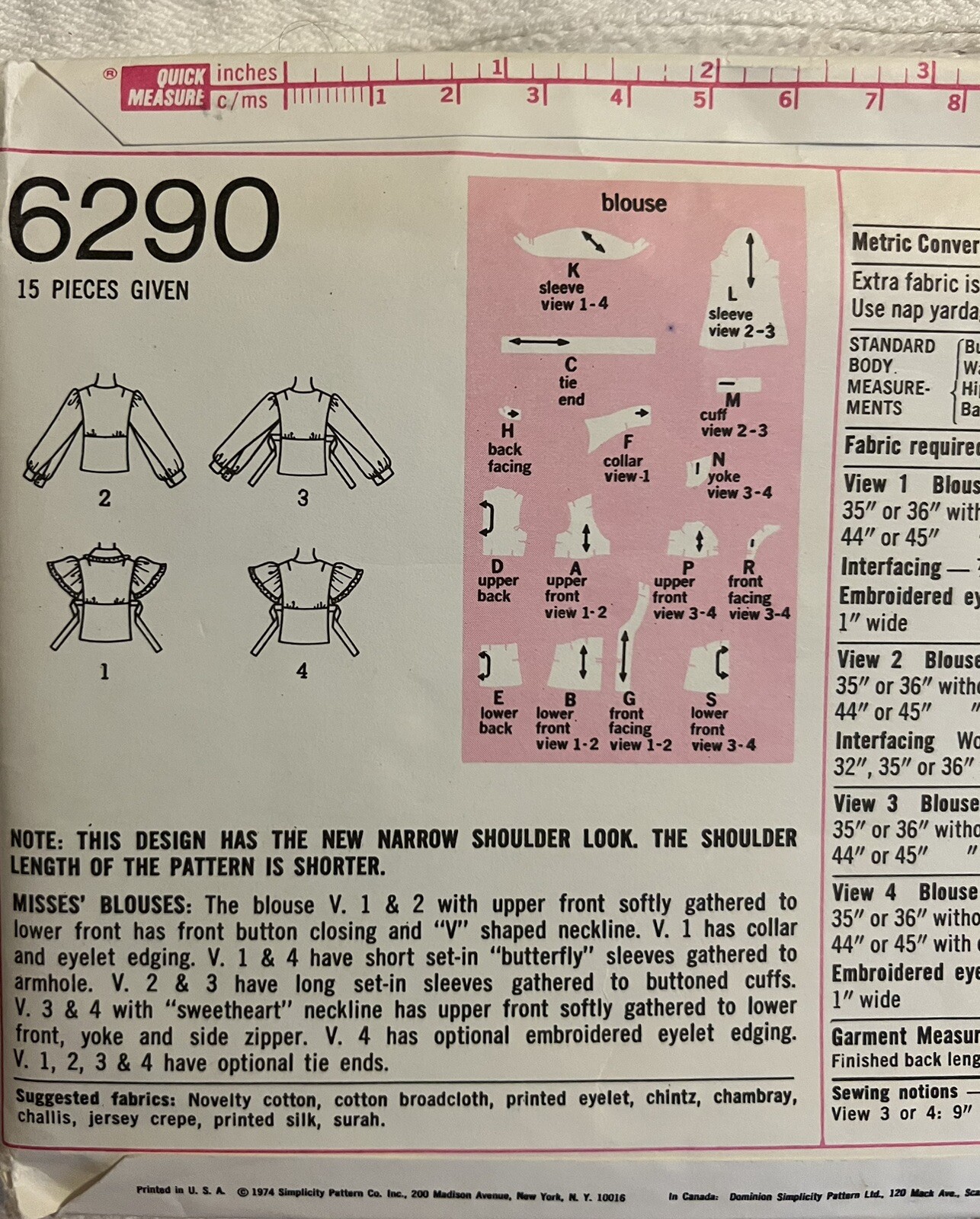 70s Simplicity 6290 Cottage Core Blouses 4 Var Misses Sz 12 Bust 34 FF ...
