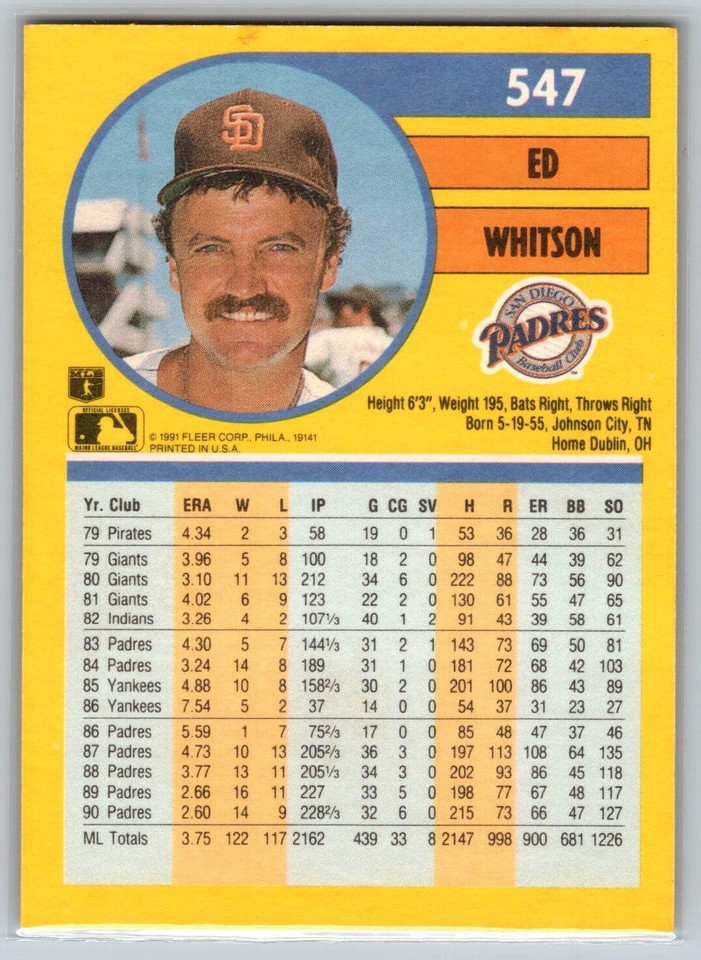 1991 Fleer - #547 Ed Whitson San Diego Padres MLB Baseball Card | eBay